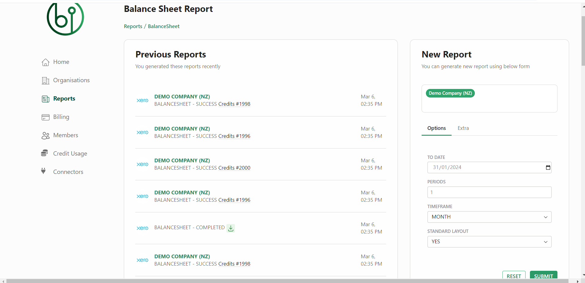 How to call the balance sheet reports from Xero to AccountingBi
